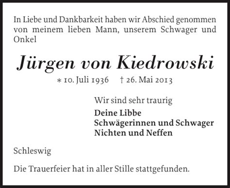 Traueranzeigen Von Jürgen Von Kiedrowski Shz Trauer