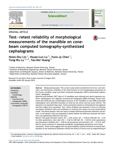 Pdf Test Retest Reliability Of Morphological Measurements Of The Mandible On Cone Beam