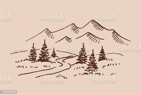 산과 숲이 있는 풍경 손으로 그린 그림이 벡터로 변환됩니다 라인아트에 대한 스톡 벡터 아트 및 기타 이미지 라인아트 산마루