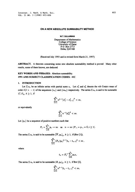 Pdf On A New Absolute Summability Method