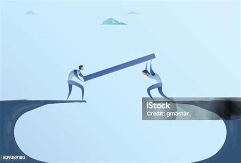 두 사업가 건물 다리 위에 절벽 갭 산 비즈니스 사람들이 협력 도움 팀워크 개념 분리에 대한 스톡 벡터 아트 및 기타 이미지 분리 정밀 조사 교량 Istock