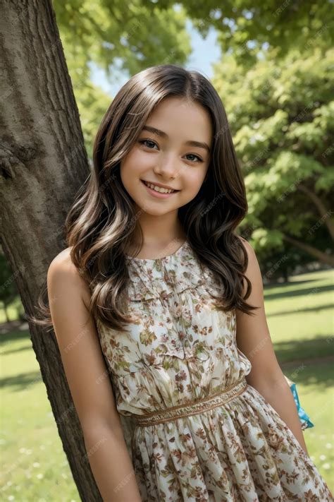 A Young Girl With A Flowered Dress Sitting Under A Tree Premium Ai