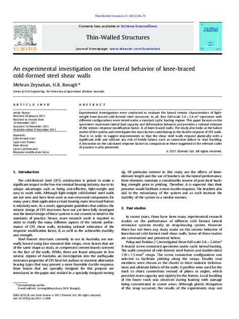 Pdf An Experimental Investigation On The Lateral Behavior Of Knee Braced Cold Formed Steel