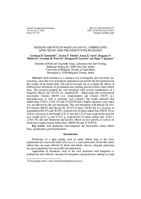 Pdf Seedling Growth Of Maize Zea Mays L Inbred Lines Affected By Seed Treatment With Pesticides