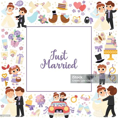 방금 결혼한 부부가 있는 벡터 웨딩 사각형 프레임 배너 초대장에 대 한 결혼식 카드 템플릿입니다 신부 신랑 신부 들러리 신랑 케이크 반지가 있는 귀여운 결혼 그림 꽃 식물에