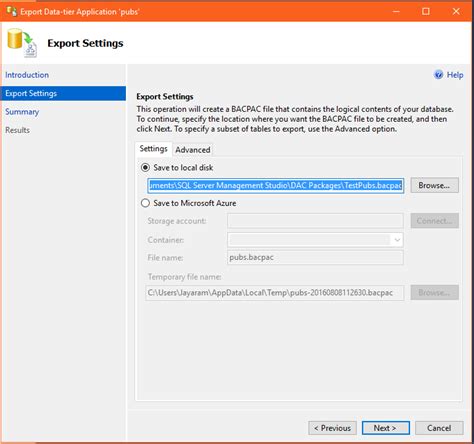 hodentekhelp can you a export data tier task in sql server 2016