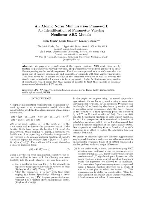 Pdf An Atomic Norm Minimization Framework For Identification Of Parameter Varying Nonlinear