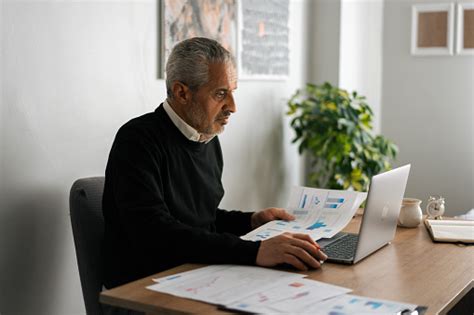 원격으로 작업하고 컴퓨터에서 차트와 그래프를 검토하는 고위 관리자 50 59세에 대한 스톡 사진 및 기타 이미지 50 59세 55 59세 계획 Istock