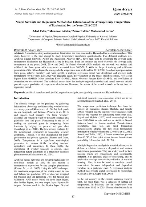 Pdf Neural Network And Regression Methods For Estimation Of The Average Daily Temperature Of