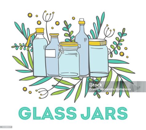 에코 유리 항아리와 캔 식물은 배경에 나뭇잎 손으로 그린 벡터 스케치 컬러 일러스트 0에 대한 스톡 벡터 아트 및 기타 이미지 0 감소 개념 Istock