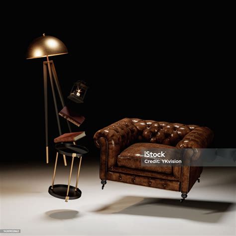 무중력 가구 갈색 가죽 안락 의자 커피 테이블 검은 배경 인테리어 밤 램프 3d 렌더링 일러스트레이션 격리된 개체 가정의 방에 대한 스톡 사진 및 기타 이미지 Istock