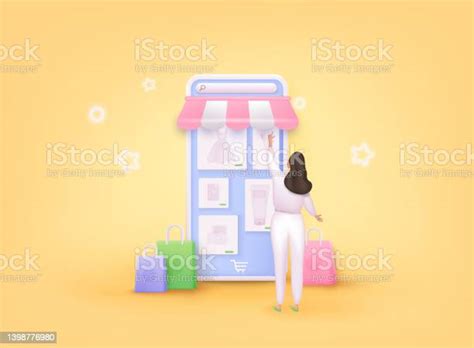 Shopp 응용 프로그램과 모바일 스마트 폰 온라인 쇼핑 개념 3d 웹 벡터 일러스트레이션 배경 주제에 대한 스톡 벡터 아트 및