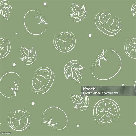 벡터 일러스트 레이 션 육즙이 많은 여름 배경입니다 토마토의 반쪽 조각 및 잎의 완벽 한 패턴 스케치 스타일 요리 테마를 위한 완벽한 패턴으로 손으로 그린 주방 재료 건강한