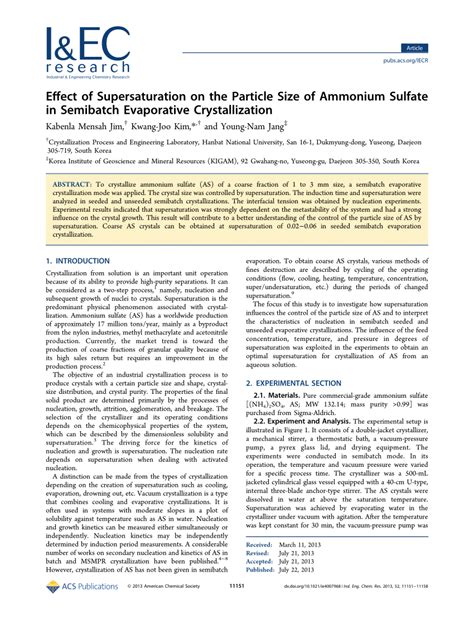 Pdf Effect Of Supersaturation On The Particle Size Of Ammonium Sulfate In Semibatch