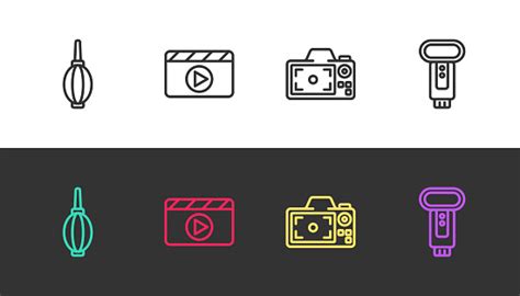 라인 먼지 송풍기 영화 클래퍼 사진 카메라 및 플래시를 흑백으로 설정하십시오 벡터 감독에 대한 스톡 벡터 아트 및 기타 이미지 감독 검은색 겉창 Istock