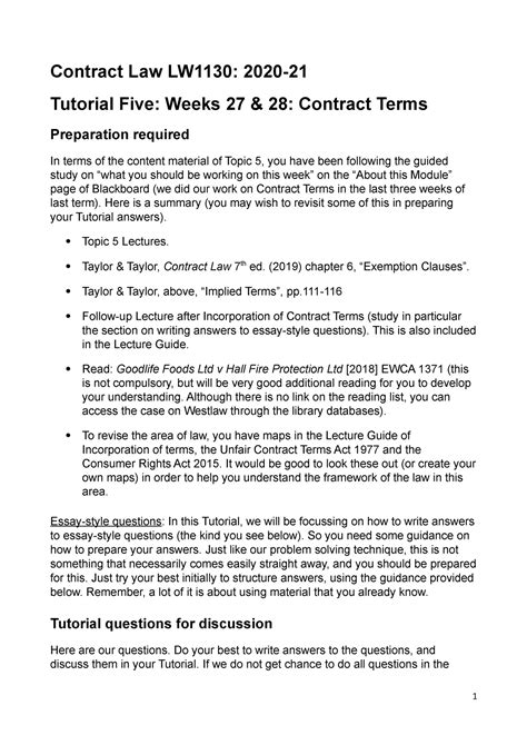 Contract Law Tutorial 5 Contract Law Lw1130 2020 Tutorial Five Weeks 27 And 28 Contract