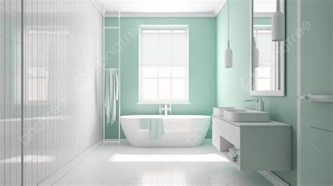 낮은 디테일의 흰색과 민트 욕실 3d 렌더링 최소한의 상쾌한 파스텔 녹색과 흰색 욕실 또는 햇빛과 그림자 아래 부엌 고화질 사진 사진 배경 일러스트 및 사진 무료