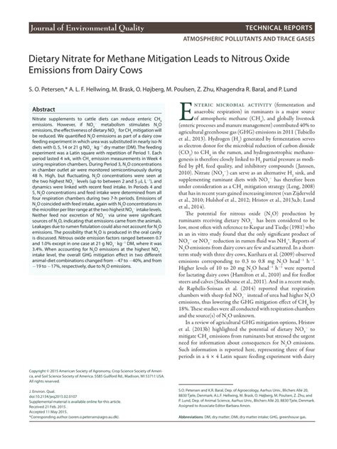 Pdf Dietary Nitrate For Methane Mitigation Leads To Nitrous Oxide Emissions From Dairy Cows