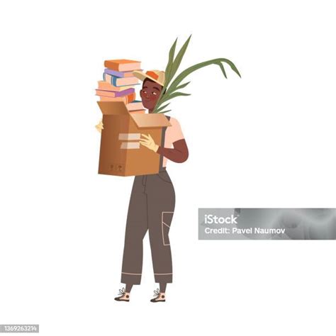 책과 집식물 골판지 상자를 들고 귀여운 소년 새 아파트 만화 벡터 일러스트레이션으로 이사하는 사람들 실내용 화초에 대한 스톡 벡터 아트 및 기타 이미지 Istock