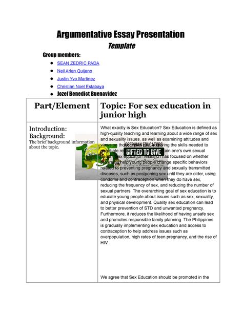 Copy Of For Sex Education In Junior High Argumentative Essay Presentation Template