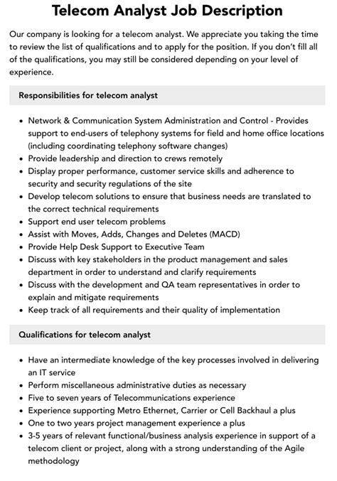 Telecom Analyst Job Description Velvet Jobs Telecom Analyst Job Description Velvet Jobs