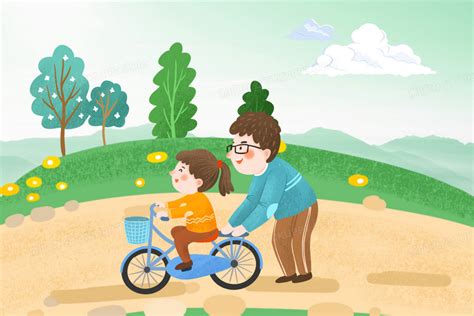 草地上父亲教孩子骑自行车插画图片素材下载psd格式熊猫办公