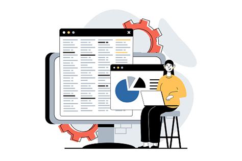 웹을 위한 플랫 디자인에서 사람들 장면을 가진 소프트웨어 개발 개념 Woman은 프로그래밍 코드로 작업하고 분석 데이터를