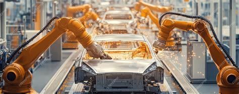 Automated Robotic Arms Manufacturing Car Body Frame On Assembly Line