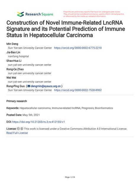 Pdf Construction Of Novel Immune Related Lncrna Signature And Its Potential Prediction Of