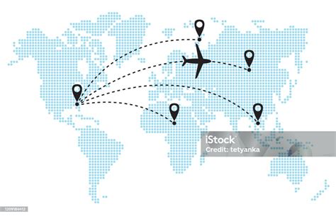 비행기 여행 원 패턴 세계지도 비행기가 궤적을 따라 날아갑니다 흰색 배경에 격리된 벡터 플랫 그림입니다 여행 목적지에 대한 스톡 벡터 아트 및 기타 이미지 Istock