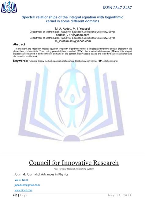 Pdf Spectral Relationships Of The Integral Equation With Logarithmic
