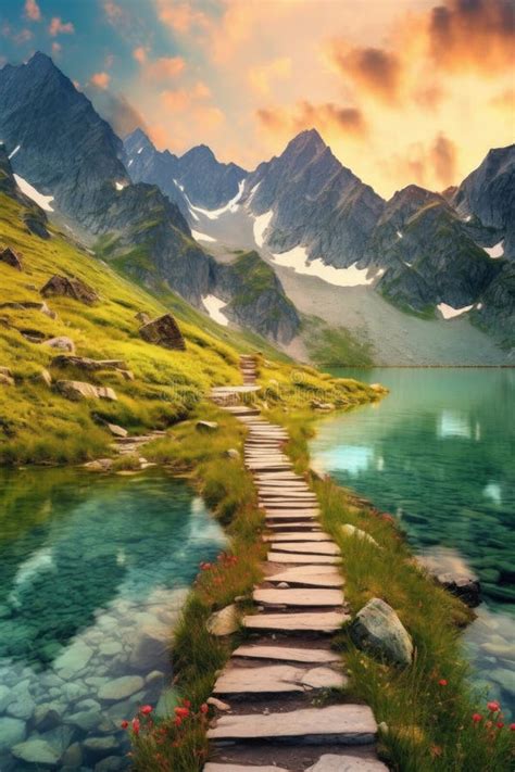 Hiking Trail Leading To A Serene Mountain Lake Stock Illustration Illustration Of Mountain