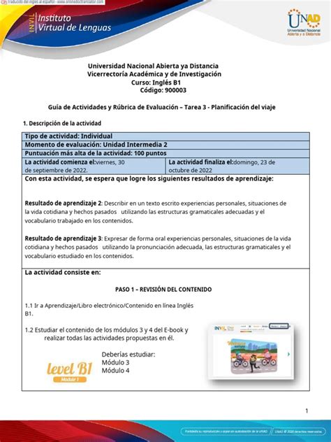 Activities Guide And Evaluation Rubric Unit 2 Task 3 Planning The Trip En Es Pdf