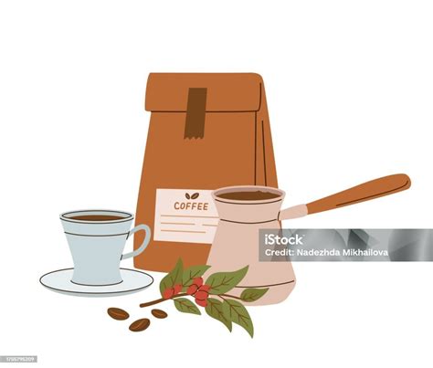 손으로 그린 커피 컵 종이 봉지 콩 및 Cezve 벡터 그림 가방에 대한 스톡 벡터 아트 및 기타 이미지 가방 구이
