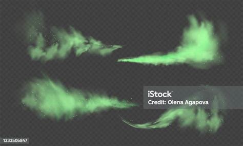 녹색 먼지 녹색 입자가 있는 추상적인 흐림 연기 투명 한 배경에 격리 된 연기 또는 먼지 추상적 신비가스 벡터 그림입니다 바람에
