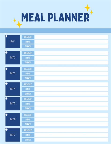 Blue 7 Day Meal Plan Template Etsy