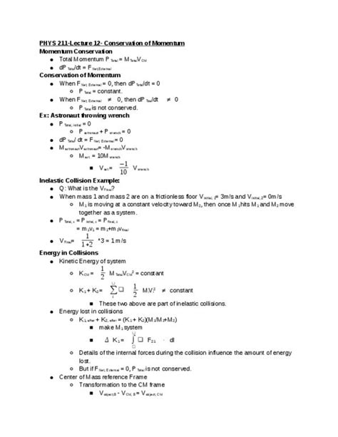 Phys 211 Lecture Notes Fall 2015 Lecture 12 Inelastic Collision