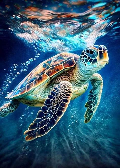 Under And Over Ocean Wildlife Illustration Realistic Turtle Art