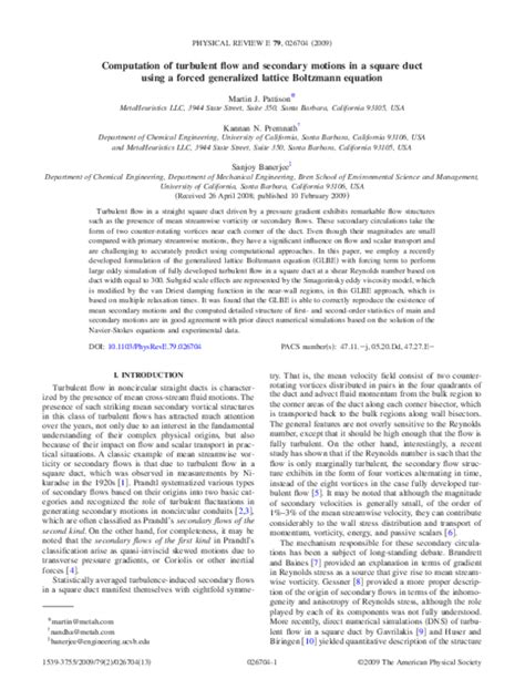 Pdf Computation Of Turbulent Flow And Secondary Motions In A Square Duct Using A Forced