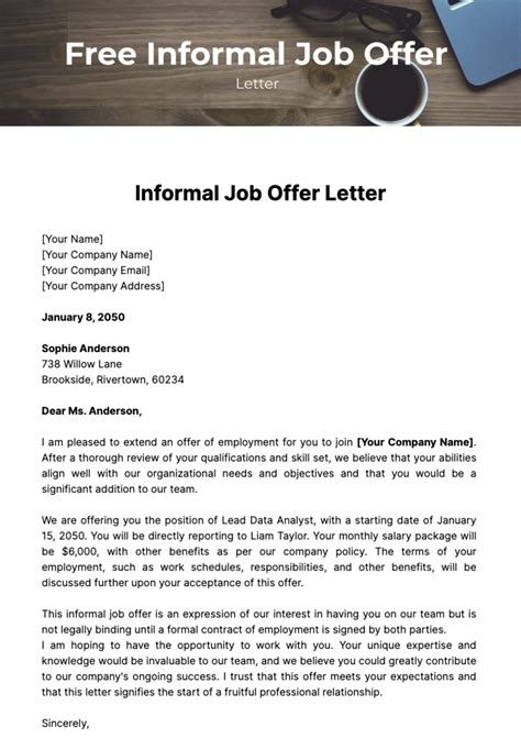 Free Informal Job Offer Letter Template To Edit Online