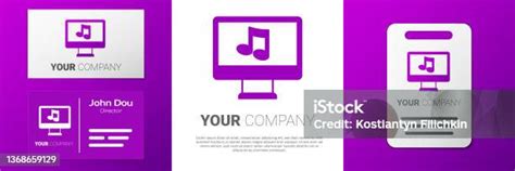 흰색 배경에 격리 된 화면 아이콘에 음악 노트 기호가있는 로고 타입 컴퓨터 로고 디자인 템플릿 요소입니다 벡터 개념에 대한 스톡 벡터 아트 및 기타 이미지 Istock