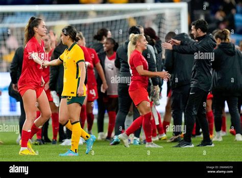 Canada S Jordyn Huitema Left Is Congratulated By Australia S Kyra Cooney Cross After Their