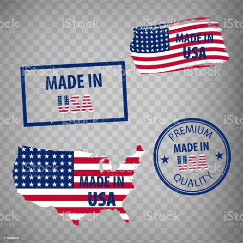 투명 한 배경에 고립 된 미국 고무 우표 아이콘에서 만든 미국에서 제조 또는 생산 그런 지 고무 우표의 집합입니다 Eps10 메이드 인 Usa 짧은 문구에 대한 스톡 벡터