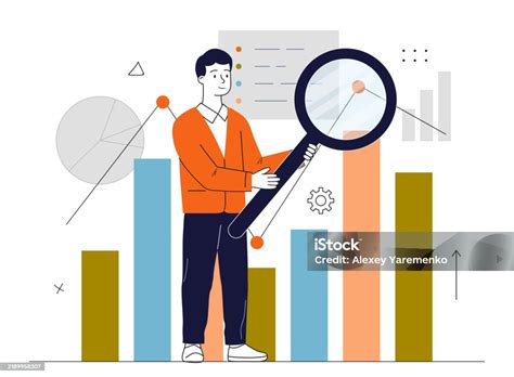 남자는 그래프를 분석합니다 돋보기를 든 젊은 남자가 그래프와 다이어그램을 평가합니다 애널리스트는 마케팅 조사를 수행합니다 통계가 있는 투자자 및 거래자 선형 벡터 그림