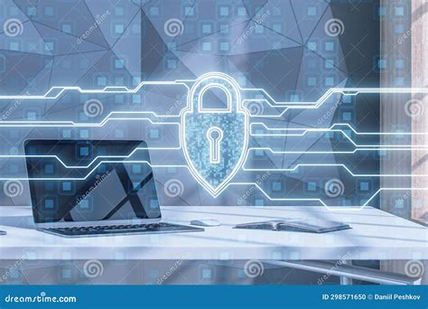 Close Up Of Workplace Desk With Laptop And Creative Web Protection Sign