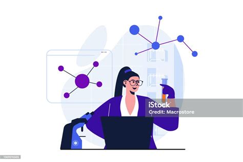 웹 배너 디자인을 위한 과학 연구 현대 평면 개념 튜브에서 화학 검사를 하고 분자를 연구하고 노트북에서 데이터를 분석하는 여성 과학자 격리된 사람 장면의 벡터 그림 개념에