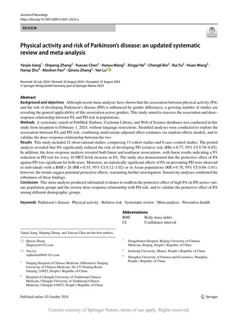 Physical Activity And Risk Of Parkinsons Disease An Updated Systematic Review And Meta Analysis
