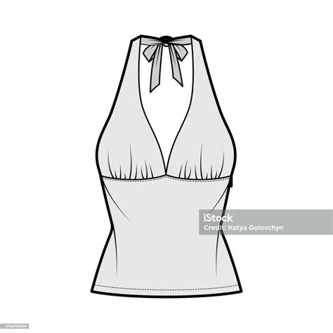 슬림 핏 튜닉 길이와 최고 제국 솔기와 타이백 홀터 탱크 기술 패션 일러스트 플랫 의류 셔츠 0명에 대한 스톡 벡터 아트 및 기타 이미지 Istock