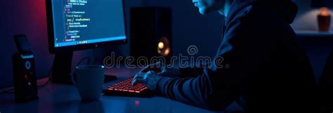 Hands On Keyboard Banner Of Programmer Working Late At Night Man Focused On Coding At Desktop