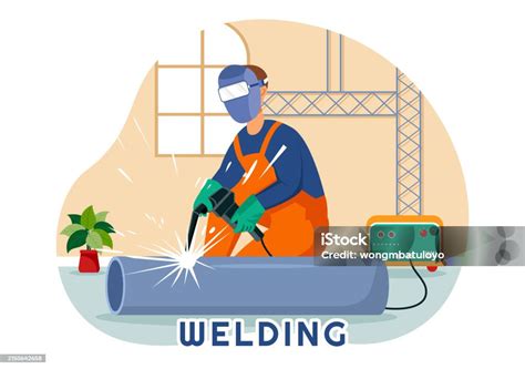 용접 서비스 벡터 일러스트 전문 용접기 작업 용접 금속 구조 파이프 및 철강 건설 평면 만화 배경 강철에 대한 스톡 벡터 아트